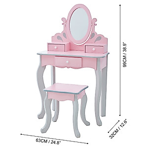 Teamson Kids Princess Rapunzel Wooden 2-pc. Play Vanity Set with Three Storage Drawers, Rotating Oval Mirror and Matching Stool to Play Dress-Up, Princess or Beauty Salon, Pink and Gray