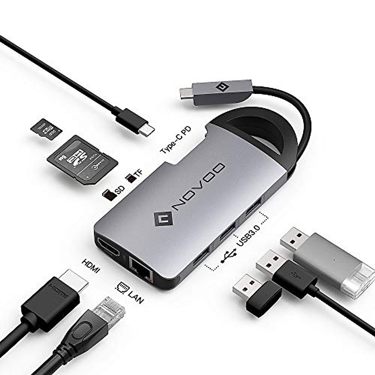 NOVOO USB C Hub 8 in 1 with Hidden Cable Multiport Adapter with 4K HDMI 100W PD Charging Ethernet 3*USB 3.0 SD/TF Card Reader, USB C to HDMI Adapter for Thunderbolt Laptops Phones and Tablets