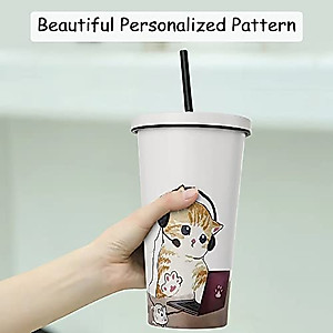 Funkrin Insulated Coffee Mug Tumbler with Lid and Straw, 18oz Ceramic Lined Coating Travel Mug, Reusable Stainless Steel Water Bottle Thermos Cup for Gifts Office School Party Camping