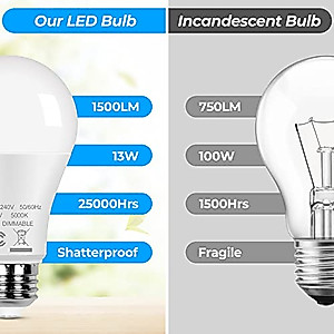 12-Pack A19 LED Light Bulbs, 100W Equivalent Bulbs, 13W 5000K Daylight White LED Bulbs with Standard E26 Medium Base, Super Bright 1500 Lumens, CRI85+, No Flicker Non-Dimmable Bulbs for Lamp