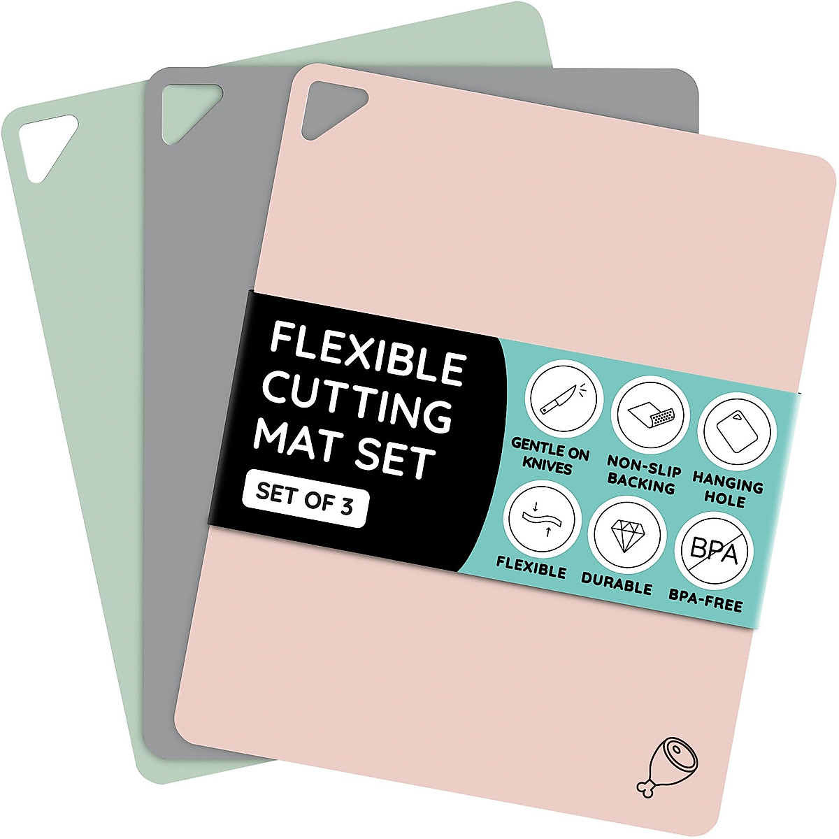 Extra Thin Flexible Cutting Boards for Kitchen - Cutting Mats for Cooking, Colored Cutting Mat Set with Easy-Grip Handles | Non Slip Cutting Sheets, Flexible Plastic Cutting Board Set of 3 (15"x12")