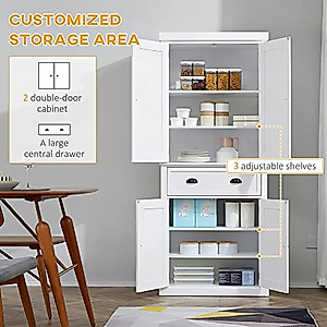HOMCOM 72" Traditional Freestanding Kitchen Pantry Cupboard with 2 Cabinet, Drawer and Adjustable Shelves, White