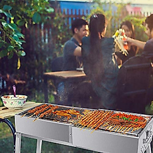 Portable Charcoal Grill Foldable Stainless Steel 24" x 12" x 26" Kebab Skewer BBQ Barbecue Camping Grill Kit for Garden Backyard Home Outdoor Cooking Use