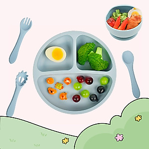 Suction Plates for Baby Set, 7 Pack CUAIBB Toddler Silicone Divided Plate and Bowl Set, with Water Cup Spoon Fork Pasta Spoon, Baby Led Weaning Supplies - Suction Cup Plates for Babies (Light Blue)