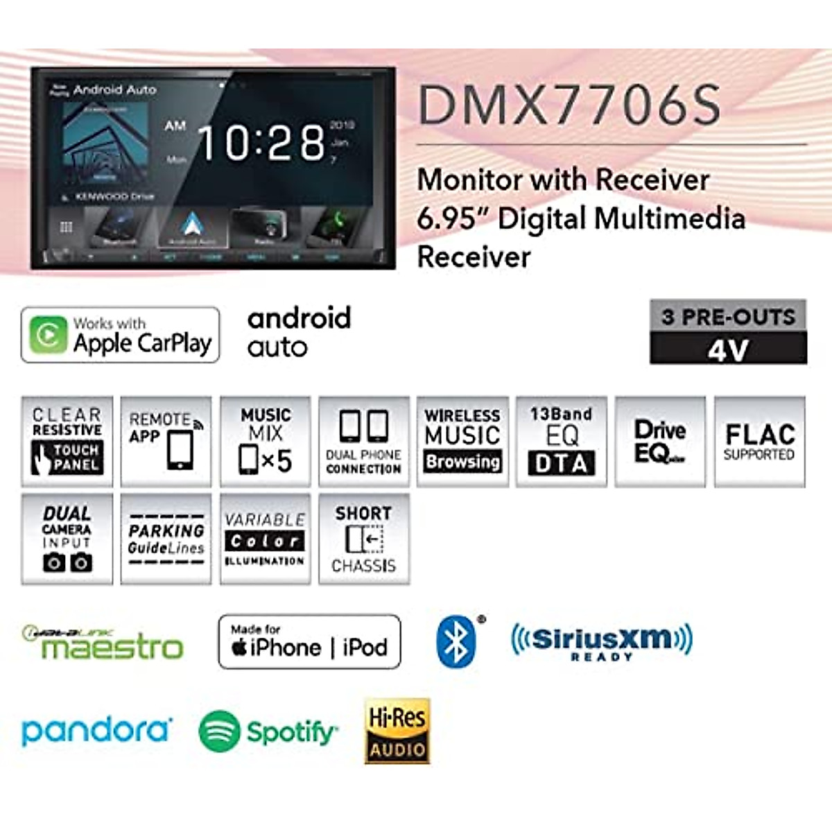 Kenwood DMX7706S 6.95" Digital Media Receiver w/Bluetooth, Apple CarPlay and Android Auto