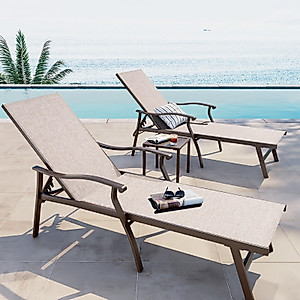 Crestlive Products Aluminum Chaise Lounge Set of 3,Patio Lounge Chairs Five-Position and Full Flat Outdoor Recliner All Weather for Patio, Beach, Yard, Pool (3PCS Beige)