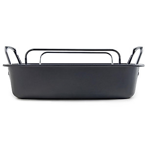 Absorated Roasting Pan with Rack - 17x13.6 Inch Large Turkey Roaster Pan - Double Ply Non-Stick Coated Turkey Pan for Oven - Hold Up to 24 Lbs Chicken, Gray