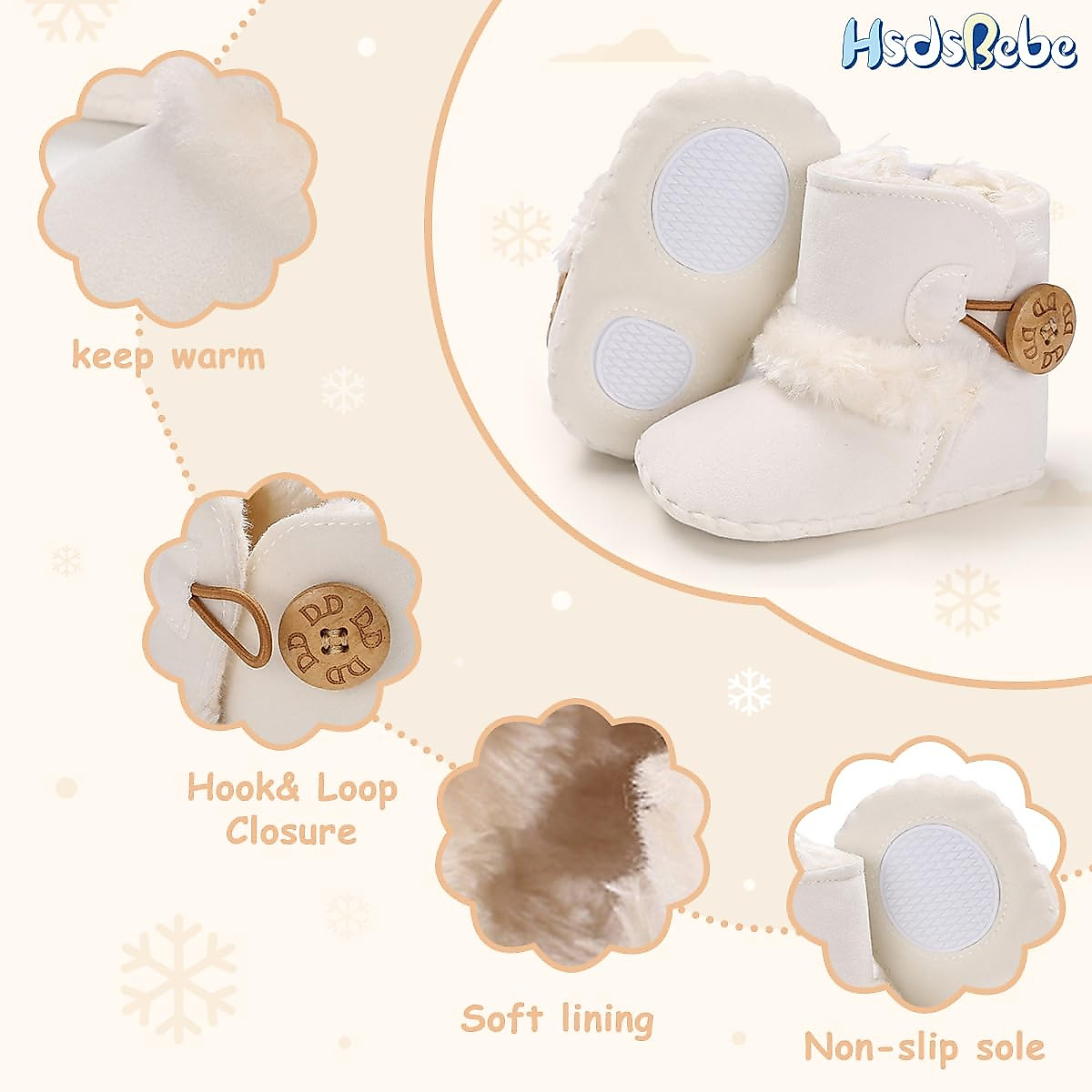 HsdsBebe Isbasic Infant Baby Buttons Snow Boots Anti-Skid Rubber Sole for Toddler Boys Girls Winter Warm Crib Shoes (6-12 Months, A/White)