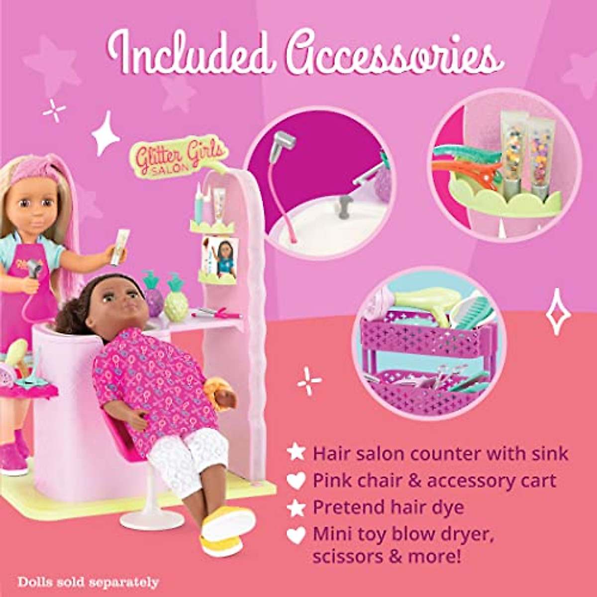 Glitter Girls – Hair Salon Playset – Hair Dryer, Styling Clips & Rolling Cart – 14-inch Doll Accessories for Kids Ages 3 and Up – Children’s Toys