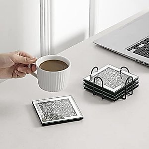 ToPToToo Mirrored Crystal Glass Coasters for Drink Crushed Diamond Decor Cup Coasters Set of 4,Square Personalized Coasters with Holder for Wooden Coffee Table (4 X 4 Inch)