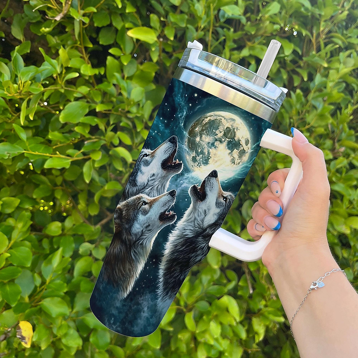 Foxcorner Personalized Wolf 40oz Tumbler with Handle and Straw Gifts for Wolf Lovers, Father's Day Cool Gifts For Him, Men, Birthday Gift Ideas, Custom Name Stainless Steel Travel Cup With Lid