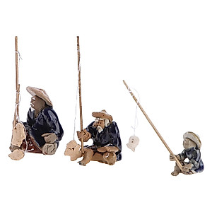 generic Ceramic Fisherman Figurine Miniature Fisherman Statue Bonsai Fisherman Figure Sand Table Fish Tank Fairy Garden Ornaments 3pcs