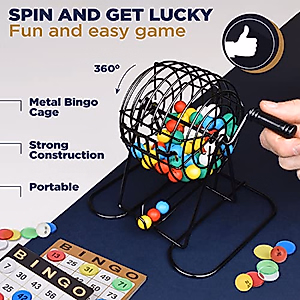 Bingo Game for Adults and Kids– Family Bingo Game Set with Bingo Cards, 150 Bingo Chips and Metal Bingo Cage – Perfect Board Game for Large Groups