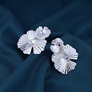 Sttiafay Vintage Exaggerated Lotus Leaf Earrings Round Leaf Drop Earrings Silver Large Metal Flower Earrings Metal Statement Flower Earrings Jewelry for Women and Girls