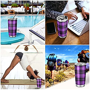 20oz Tumbler Bottle with Lid and Straw Purple Black Tartan Plaid Insulated Coffee Ice Cup Vacuum Stainless Steel Shaker Bottle Travel Mug Water Cup Gifts
