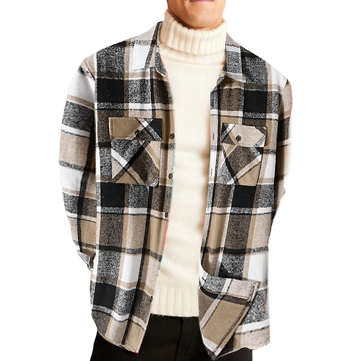 ZAFUL Men's Long Sleeve Flannel Plaid Shirt Jacket Casual Button Down Shacket Jackets (Coffee S)