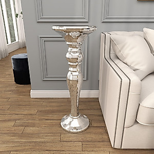 Deco 79 Polystone Round Pedestal Table with Mosaic Mirror Inlay, 14" x 14" x 36", Silver