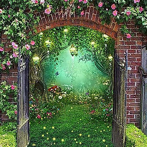 Riyidecor Spring Enchanted Forest Backdrop Polyester Fabric Fairy Garden Tale Wonderland Butterfly Woodland Wedding 5Wx7H Feet Photography Background Baby Shower Birthday Party Photo Studio Shoot