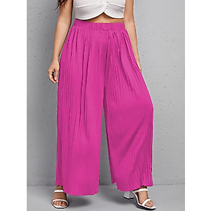WDIRARA Women's Plus Size Pleated Elastic Waist Wide Leg Casual Long Pants Hot Pink 1XL