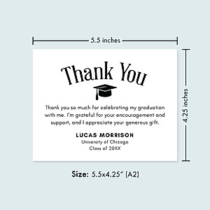 Hello Love Goods Graduation Thank You Cards Personalized with Name and School, 5.5x4.25 Black and White Flat Thank You Note Cards with Envelopes