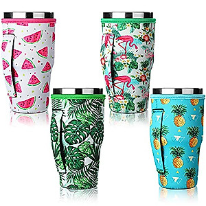 4 Pieces Iced Coffee Cup Sleeves Reusable Neoprene Insulated Sleeves Drink Sleeve Holder with Handle Cup Cover Holder for 30 oz Coffee Beverage Milk Water Cold Hot Drinks, Hawaiian Style