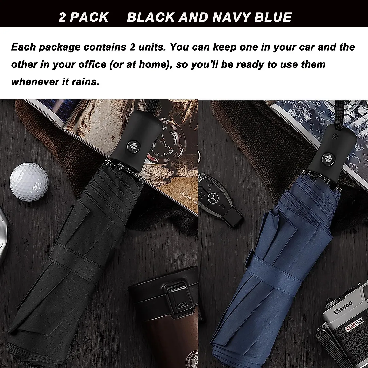 SIEPASA Two PackThe Original Portable Travel Umbrella - Umbrellas for Rain Windproof, Strong Compact Umbrella for Wind and Rain, Perfect Car Umbrella, Golf Umbrella, Backpack, and On-the-Go.(Black & Navy Blue, 2 Pack)