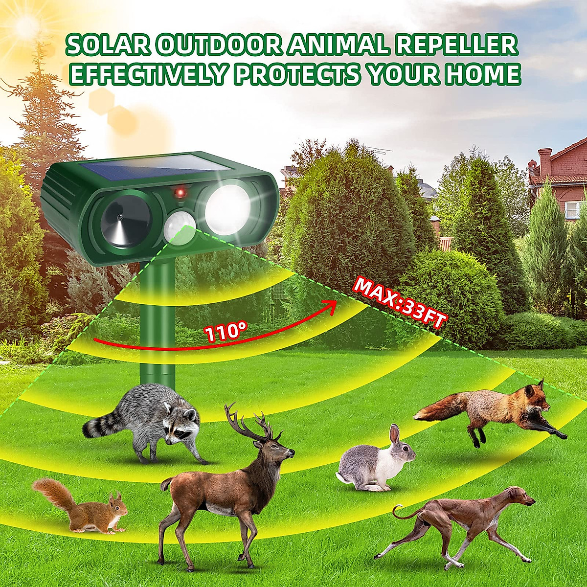 2 Pack Upgraded Ultrasonic Animal Repellent Outdoor Solar Animal Repeller Waterproof with PIR Sensor & Strobe Flashing Lights Pest Repeller Animal Deterrent to Keep Deer Cat Dog Raccoon Mouse Fox Away