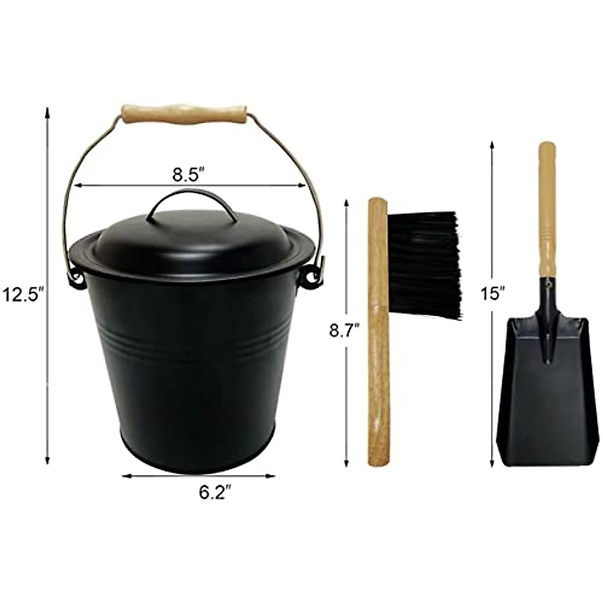 Mini Ash Bucket with Shovel, Gloves and Hand Broom, 1.5-Gallon Pail with Lid, Metal Bucket Coal and Ash Carrier Wood Pellet Storage Container Tool Set for Fireplace Fire Pit, Iron Ash Stove