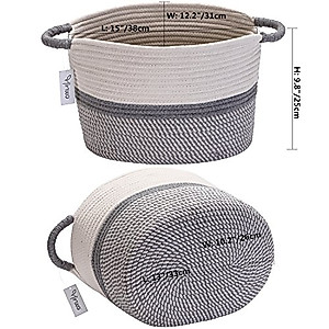 Hinwo Oval Cotton Rope Storage Basket Collapsible Nursery Storage Box Container Organizer with Handles, 13 x 10 inches, Off White and Grey