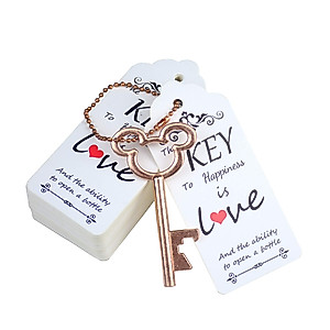 Aokbean 52pcs Vintage Skeleton Key Bottle Opener with Escort Thank You Tag Card and Keychain for Party Wedding Favor Guest Souvenir Kit (Rose Gold)