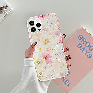 J.west iPhone 13 Pro Max Case 6.7 inch,Luxury Sparkle Glitter Soft Clear Colorful Opal Pearly Thinfoil Design Shiny Floral Print Silicone Cover for Women Girls Slim TPU Protective Phone Case