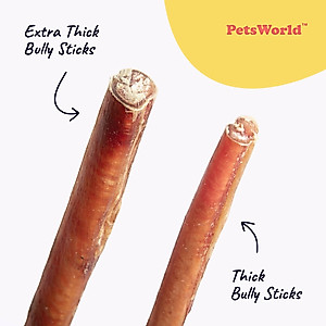 PETSWORLD 12" Thick Bully Sticks (6 Count) - All-Natural, Odor-Free Dog Chews for Large Dogs | Long-Lasting, 100% Digestible Beef Pizzle Treats