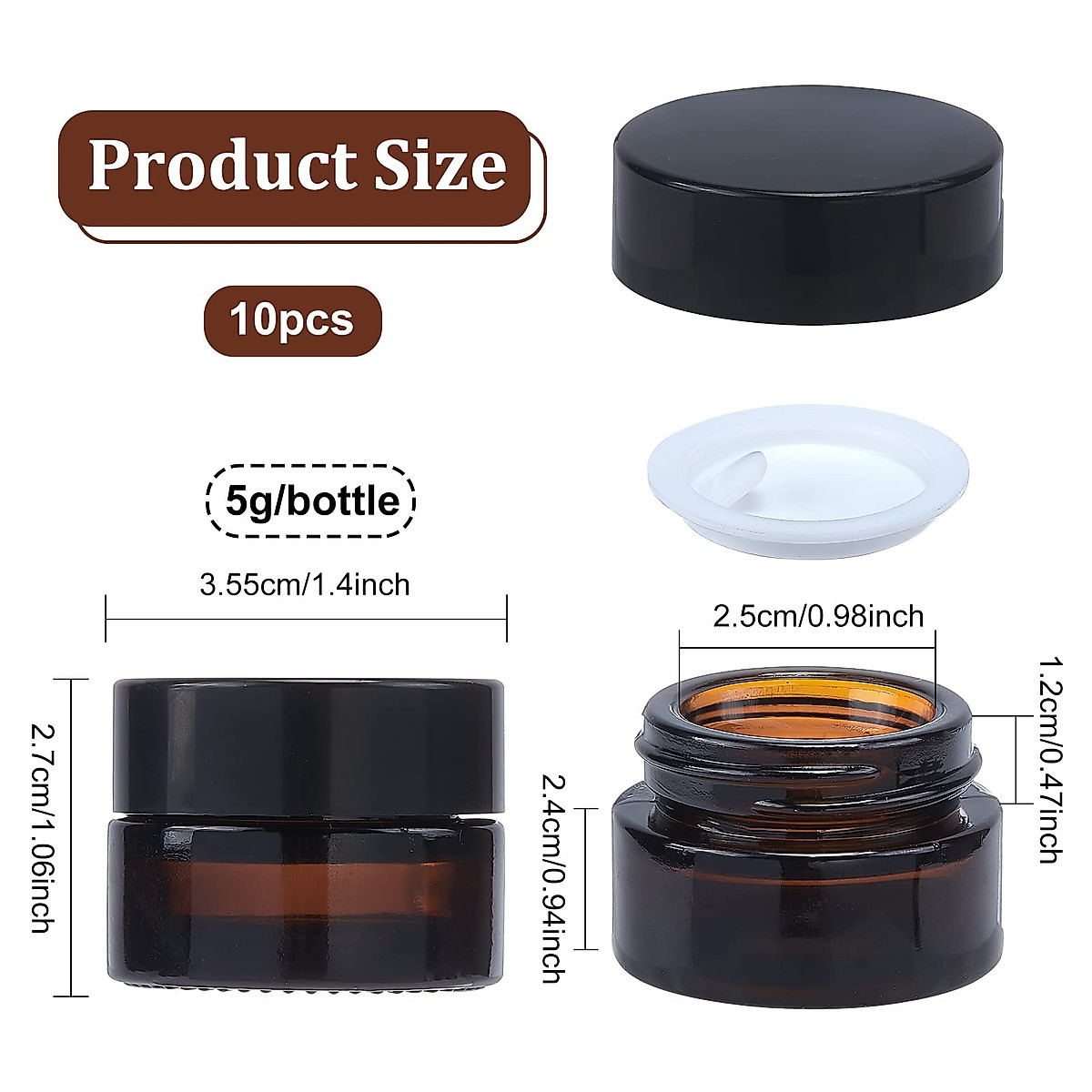 BENECREAT 10 Pack 5g Round Amber Glass Cream Jars Cosmetic Glass Jars with Leak-proof Gasket for Lotion, Cream and Other Beauty Product