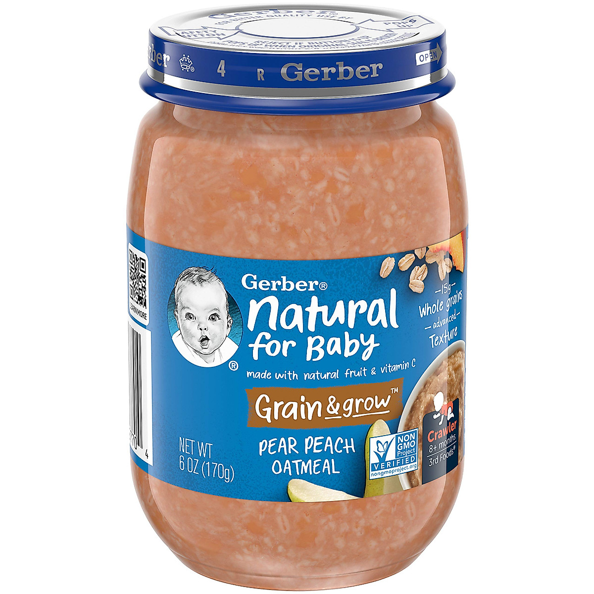 Gerber 3rd Foods Natural for Baby Grain & Grow Baby Food Jar, Pear Peach Oatmeal, Made with Natural Fruit & Vitamin C with Advanced Texture, 6 OZ Glass Jar (Pack of 12)
