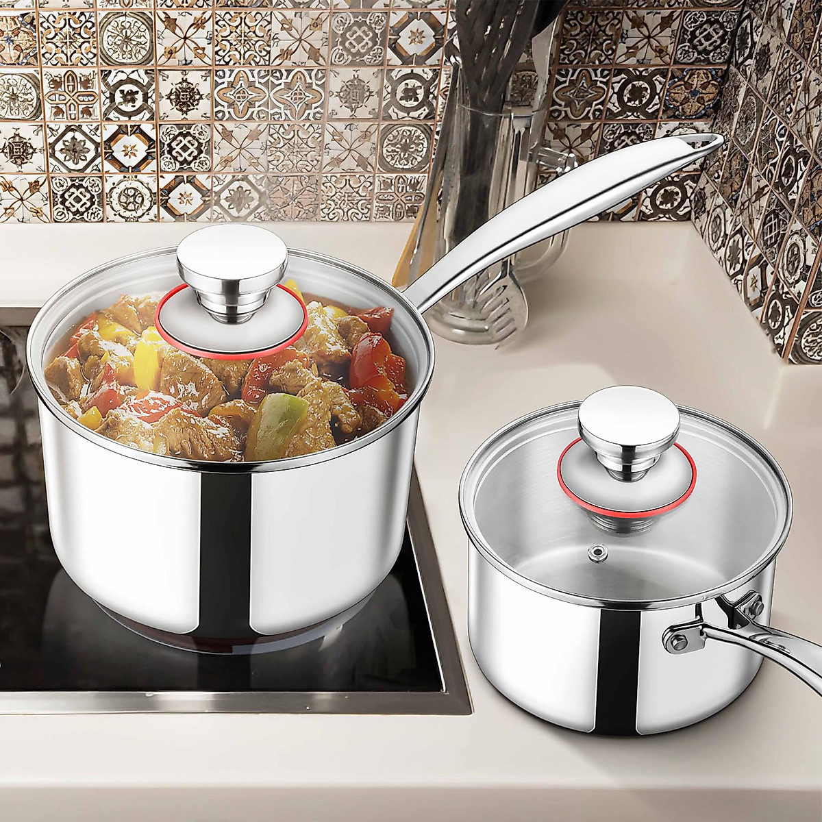 TeamFar Saucepan with Lid, 1qt & 3qt Stainless Steel Tri-ply Sauce Milk pan Small Cooking Pot for Induction/Gas/Electric/Ceramic, Healthy & Heavy Duty, Ergonomic Handle & Dishwasher Safe – Set of 2