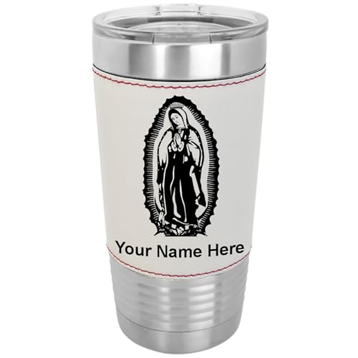 LaserGram 20oz Vacuum Insulated Tumbler Mug, Virgen de Guadalupe, Personalized Engraving Included (Faux Leather, Baseball Style)