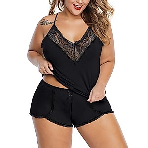 XAKALAKA Women Plus Size Pajamas Cami Shorts Set Nightwear Sexy Lace Lingerie Sleepwear Black XXXL