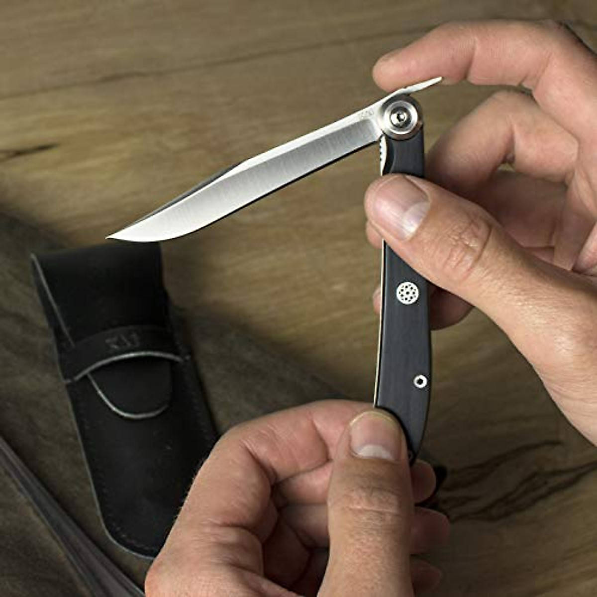 Kai Personal Steak/Gentleman's Knife, Manual Folding Japanese Pocketknife with Leather Sheath, 3.25 Inch Blade, Silver, Black Handle, KAS5702, Pack of 1