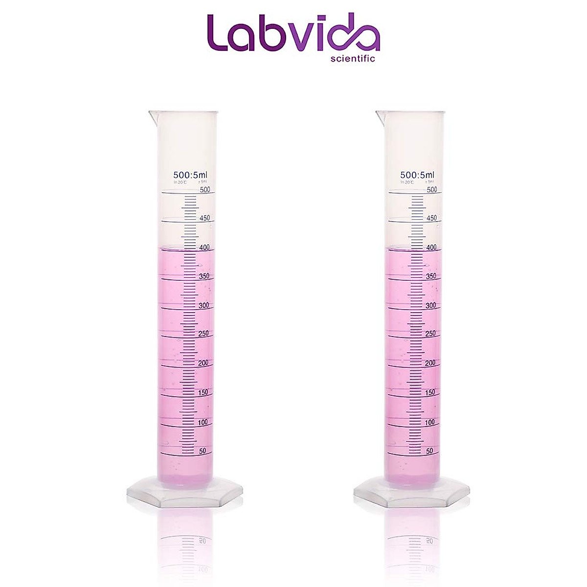Labvida 2pcs of Plastic Measuring Cylinders, Vol.500ml, PP Material with Blue Printed Graduation, LVF001