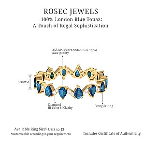 Rosec Jewels Real London Blue Topaz Eternity Ring, Stackable Wedding Anniversary Jewelry for Women, Aaa Quality, 14K Yellow Gold, Size:US 9.00