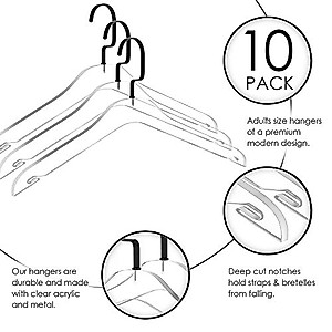 Elavain Acrylic Hanger | Sleek, Modern Clothes Hanger with Black Hook | High End Closest Organizer Space Saving Hangers for Shirts, Jackets, Sweaters, Tops & More | 10 Pack