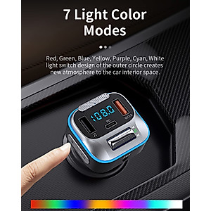 Bluetooth Car Adapter, Hi-Fi Bass Sound, Bluetooth Transmitter, FM Radio, Handsfree Calls, Fast Charging, 7 LED Colors, AUX Output, U Disk Support, Bluetooth Adapter for Car