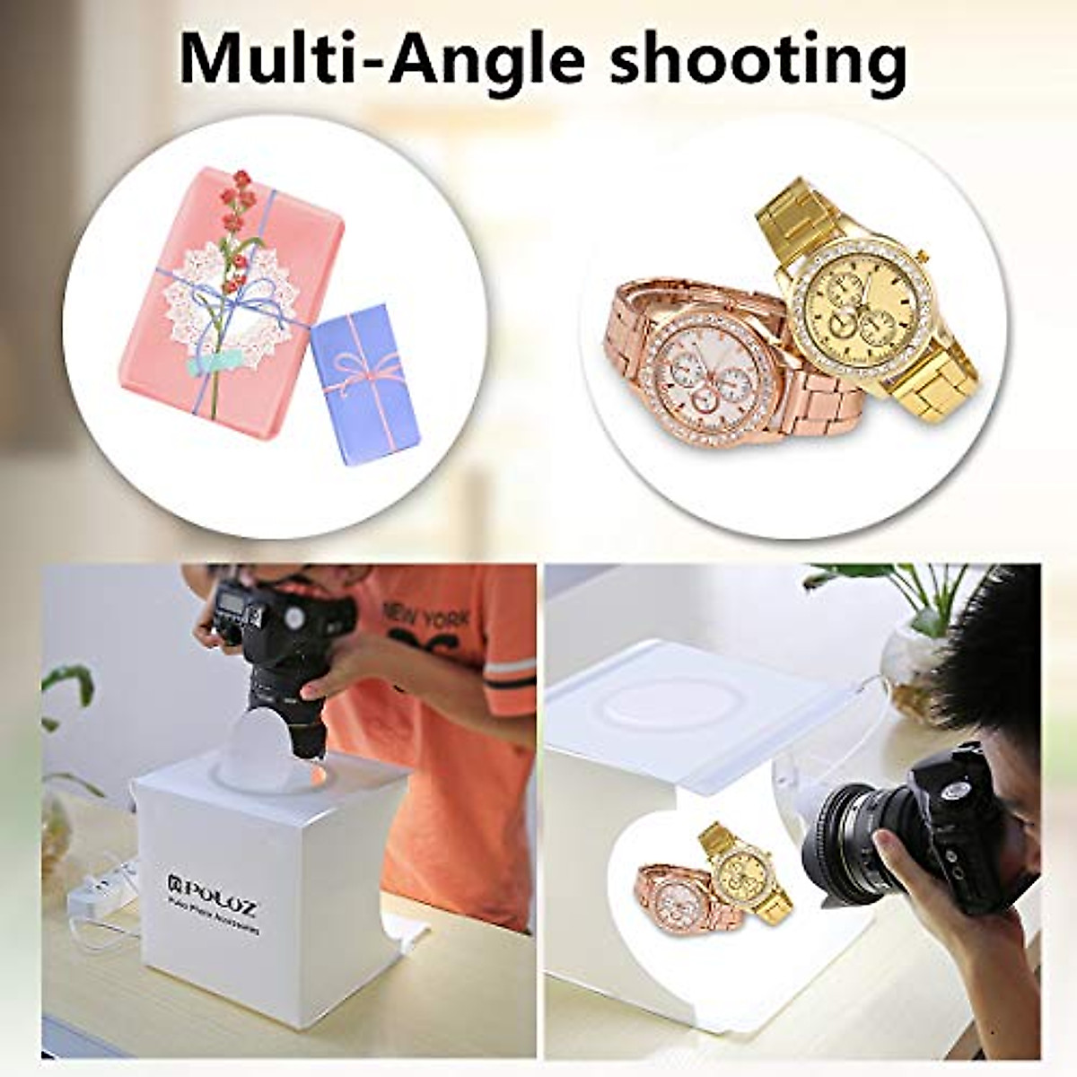 PULUZ 20cm Ring Light Photo Studio Light Box, Adjustable Portable Photography Shooting Light Tent Kit with White/Warm/Soft Lighting + 6 Backdrops for Jewellery and Small Items