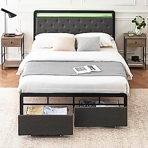 Queen Size Bed Frame with 2 Storage Drawers, Button Tufted Headboard and LED Lights, Upholstered Platform Bed with Storage, Heavy Duty Metal Slats, No Box Spring Needed, Noise Free, Easy Assembly