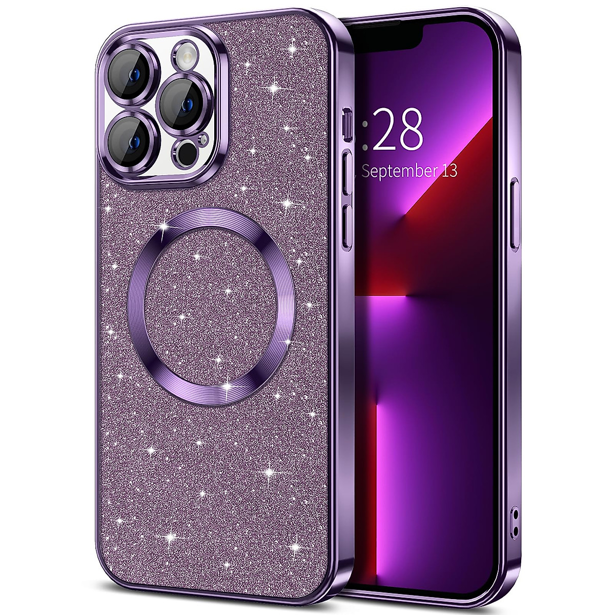 Hython for iPhone 13 Pro Max Case Glitter, Clear Magnetic Phone Cases with Camera Lens Protector [Compatible with MagSafe] Bling Sparkle Plating Soft TPU Slim Shockproof Protective Cover Women-Purple