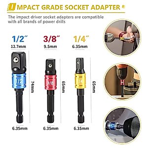 Flexible Drill Bit Extension Set, 105° Right Angle Drill Attachment, 1/4 3/8 1/2" Hex Shank Impact Driver Socket Adapter Rotatable Socket, Bendable Drill Bit Extension and Screwdriver Bit Kit