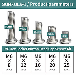 M6 x 8mm 12mm 16mm 20mm 25mm Button Head Socket Cap Screws Bolts, 304 Stainless Steel, Bright Finish, Metric Allen Hex Drive, Fully Threaded, 50PCS