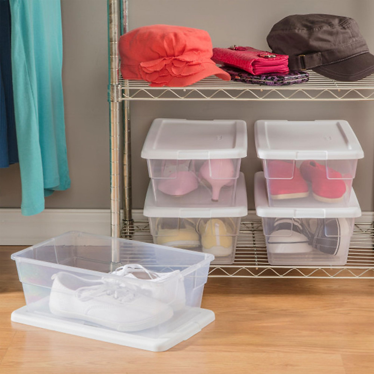 Sterilite 6 Qt Clear Plastic Stackable Storage Bin w/White Latching Lid Organizing Solution, 12 Pack