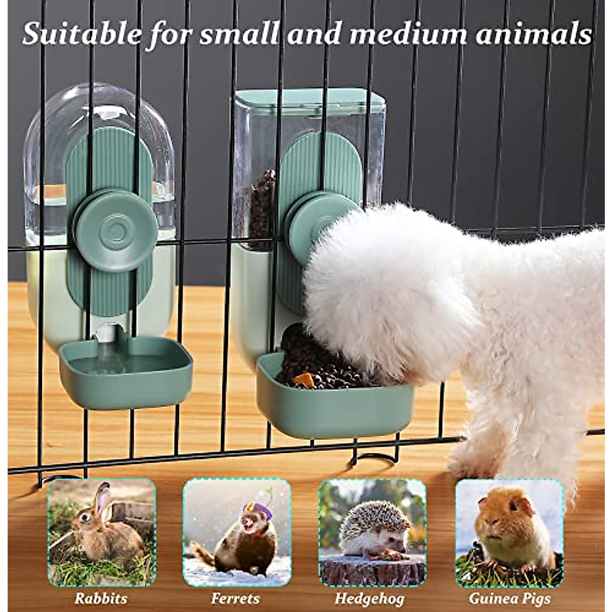 Kenond 35oz Hanging Automatic Pet Food Water Dispenser, Auto Gravity Pet Feeder and Waterer Set, Cage Cat Food Bowl Dog Feeding Station for Puppy and Kitten Rabbit Chinchilla Hedgehog Ferret (Green)
