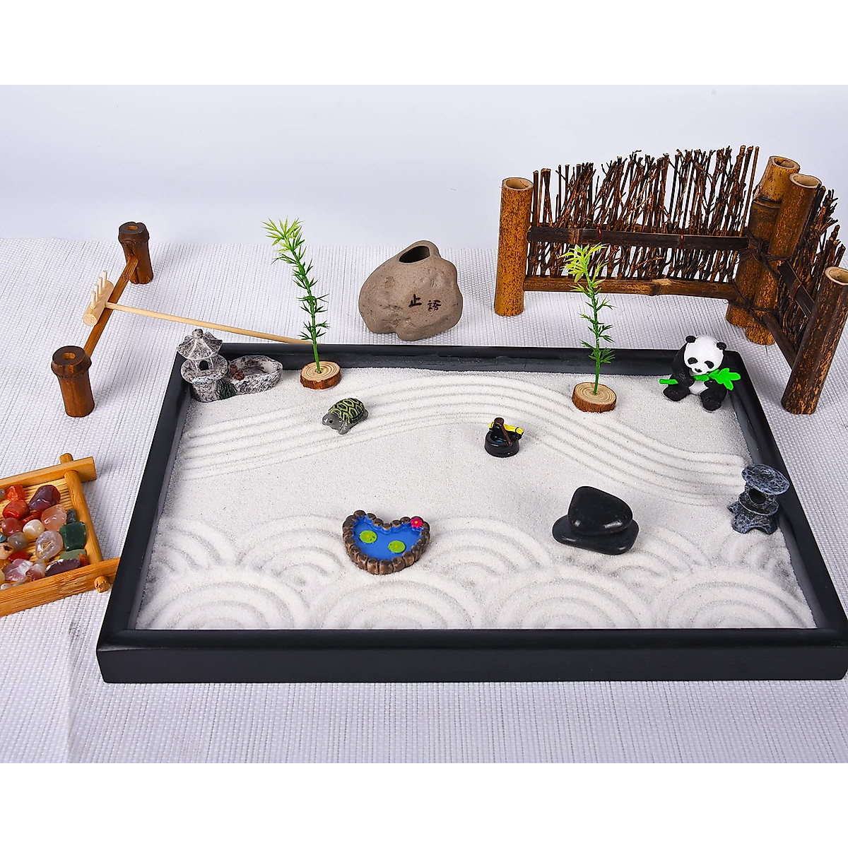 Mini Zen Garden for Desk - Japanese Zen Garden Kit with Panda 10x7- Zen Pond,Sand,Chakra Stone, Accessories - Office Desk Decor Meditation Gifts with Rake Tools Panda Gifts - Zen Garden for Kids